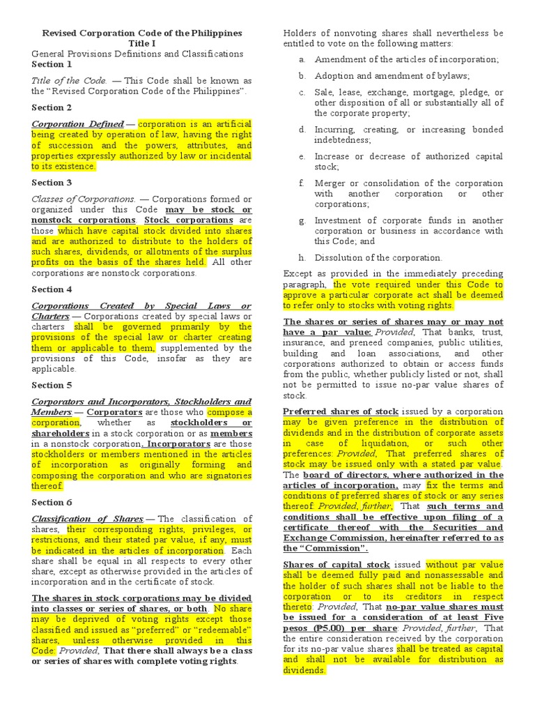 Revised Corporation Code of The Philippines | PDF | Stocks | Board Of ...