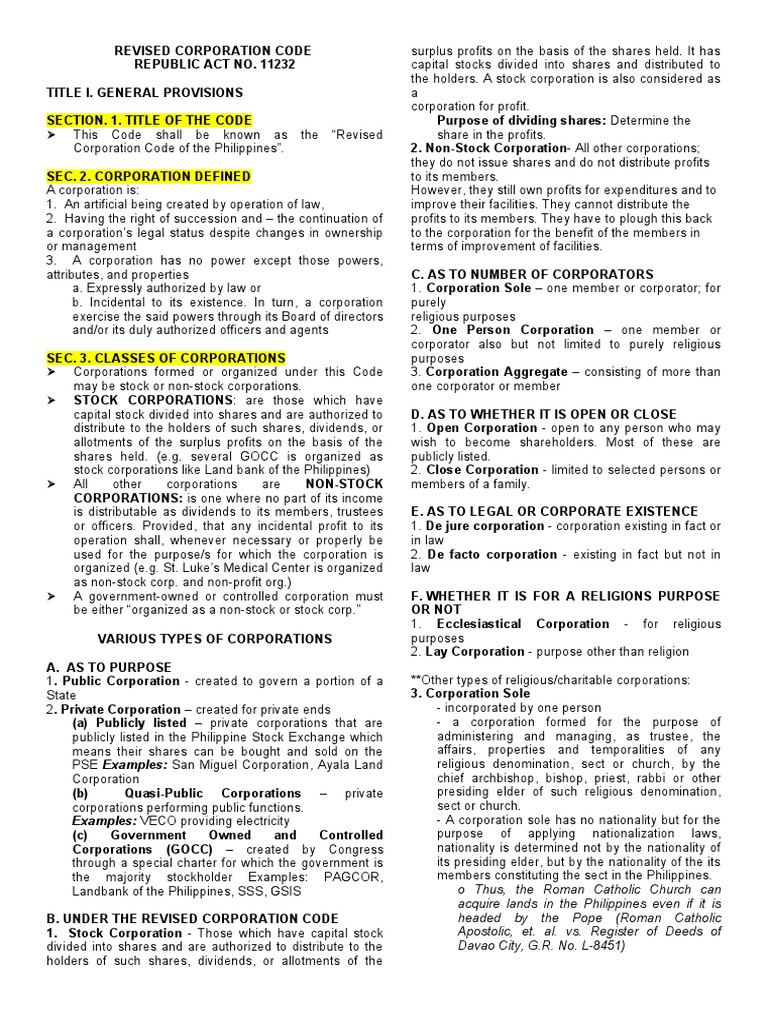 REVISED CORPORATION CODE - Notes | PDF | Corporations | Board Of Directors