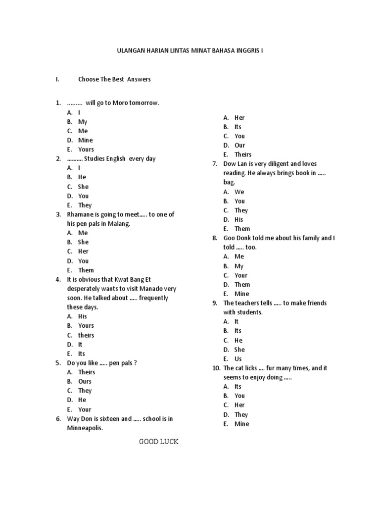Ulangan Harian Lintas Minat Bahasa Inggris I | PDF