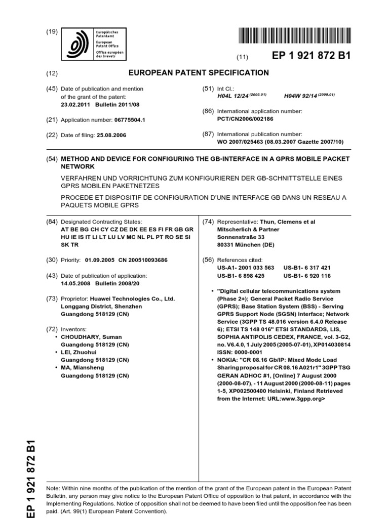 European Patent Specification: and Device For Configuring The Gb ...
