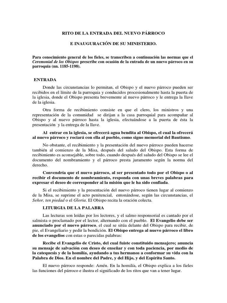 Rito de La Entrada Del Nuevo Párroco | PDF | eucaristía | Misa (liturgia)