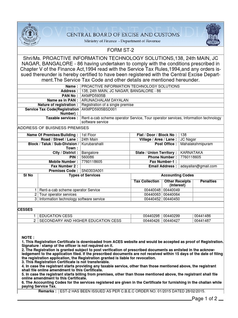 Service Tax Registration Certificate ST-2 | PDF | Taxes | Government ...