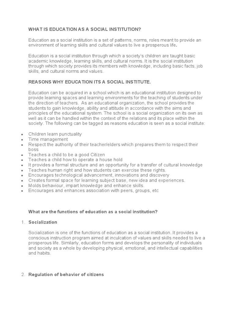 Functions of Education as a Social Institution | PDF | Learning ...