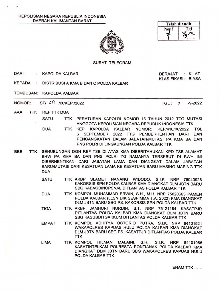 ST 661 IX KEP. 2022 Tanggal 7 September 2022 Tentang Pemberitahuan Mutasi Jabatan Reguler ...