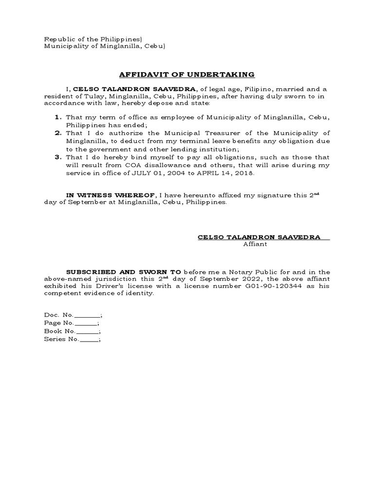 Affidavit of Undertaking - Minglanilla Cebu | PDF