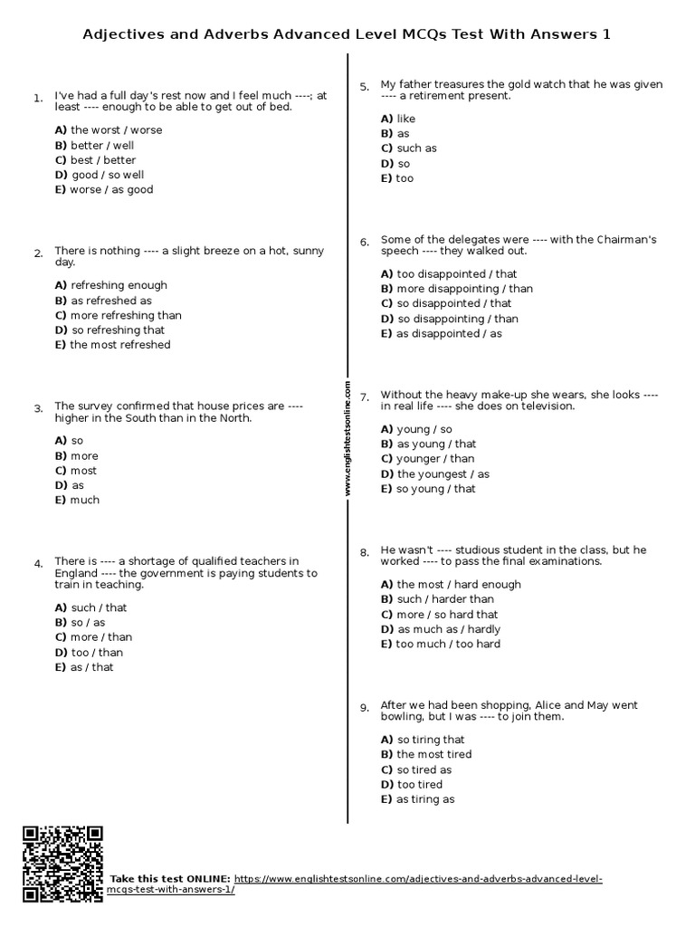 Advanced Adjectives and Adverbs MCQs | PDF | Multiple Choice
