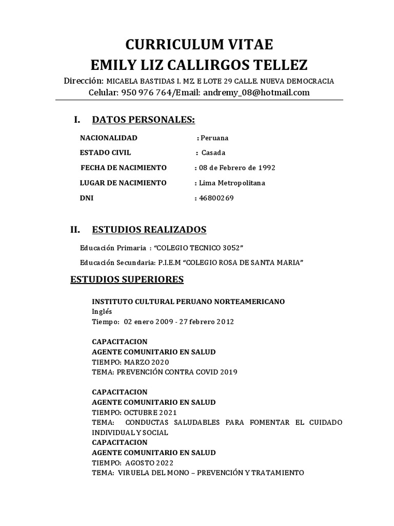Currículum de Emily Callirgos Tellez | PDF