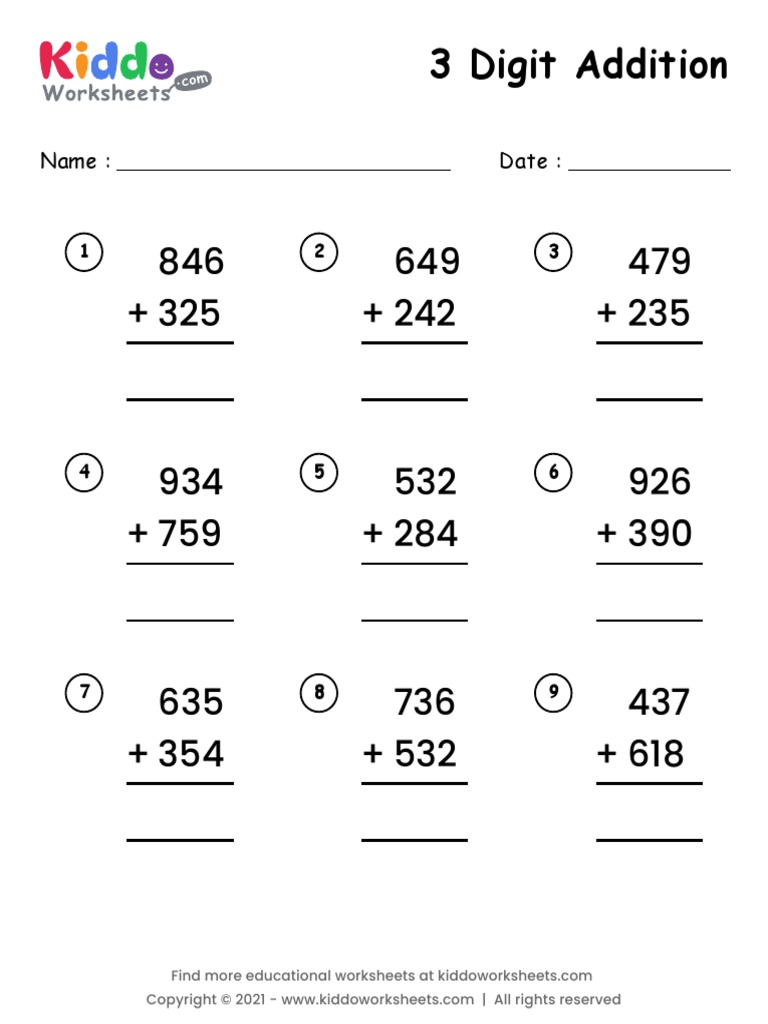 3 Digit Addition Worksheet | PDF