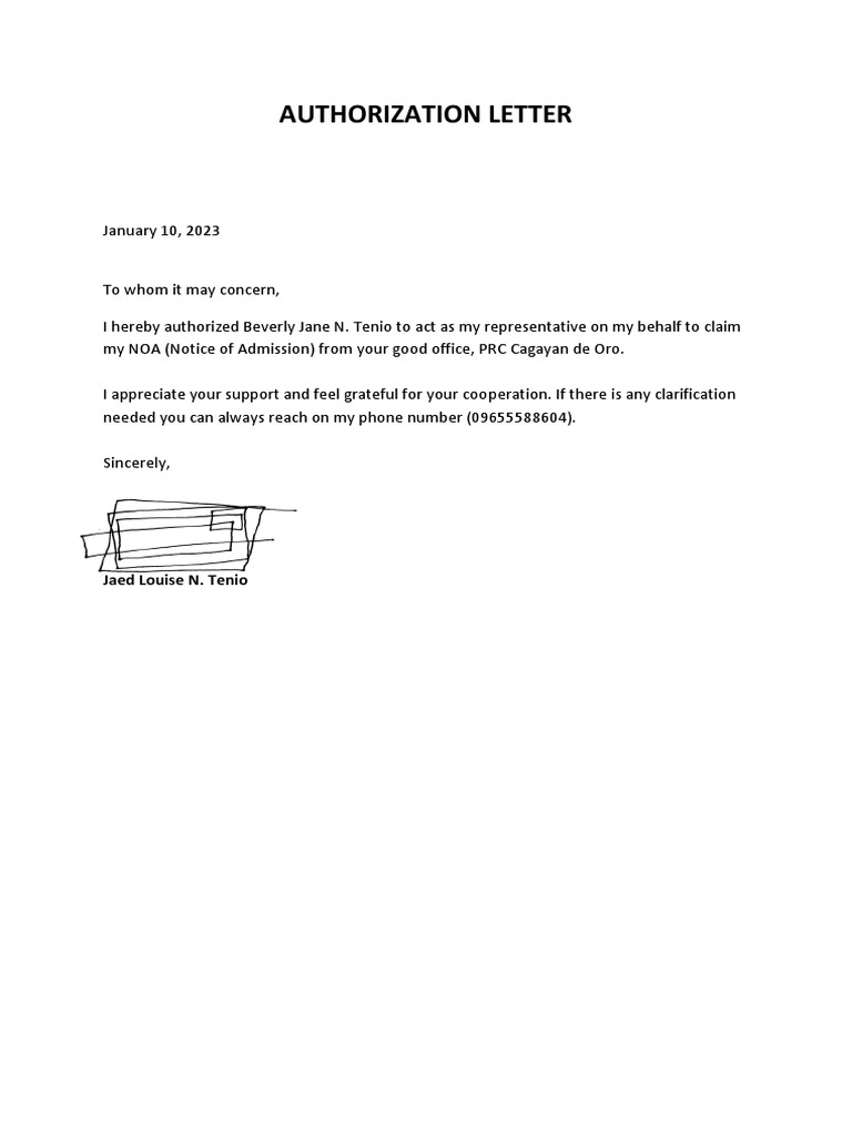 NOA Claim Authorization Letter Sample | PDF | Law