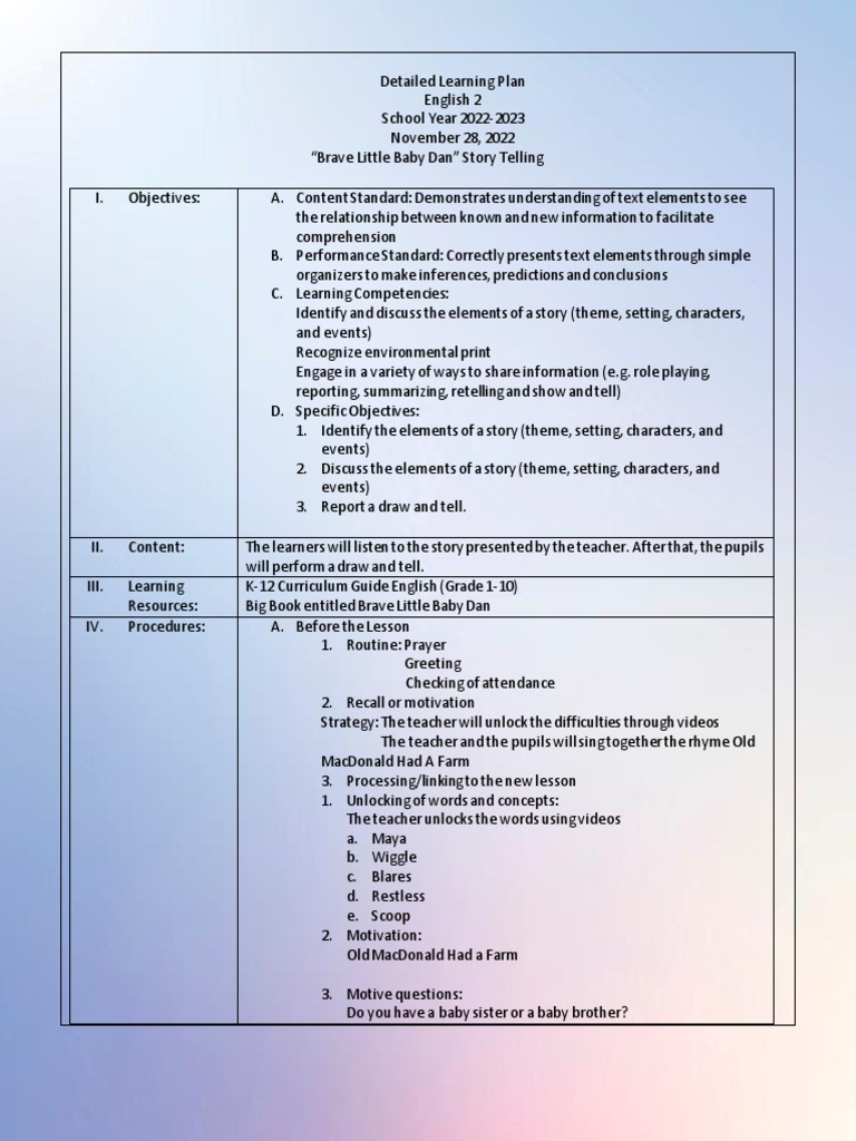 Detailed Learning Plan Pdf Teachers Reading Comprehension