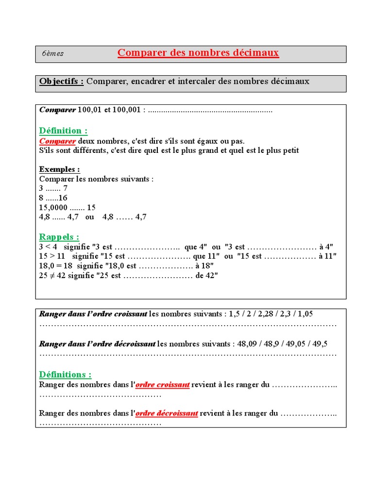 Comparer et ranger les décimaux en 6ème | PDF | Jeux et activités