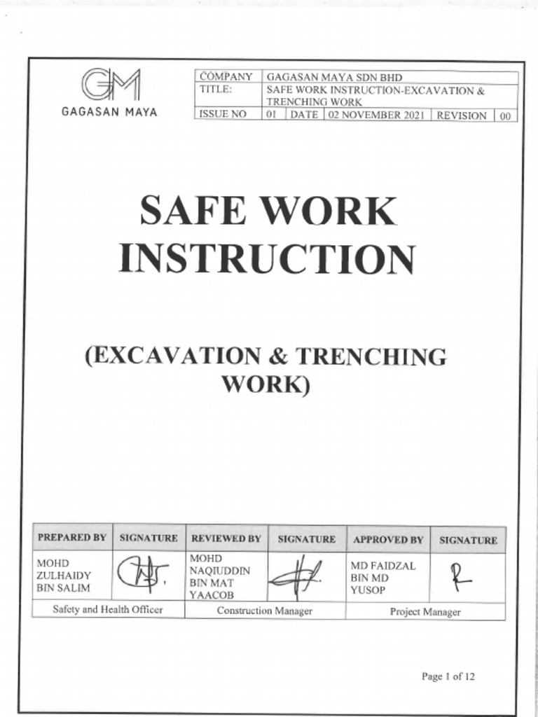 GMSB - Level 3 - SWI - 001 - Excavation & Trenching Work | PDF