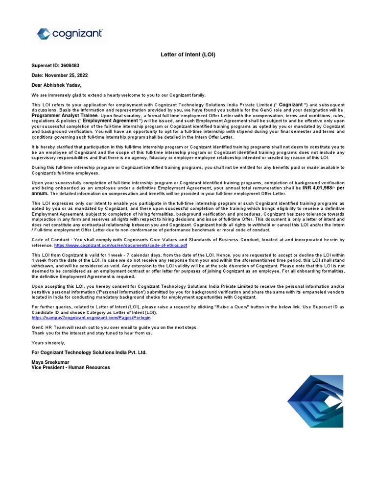 Cognizant Internship Offer | PDF | Employment | Verification And Validation