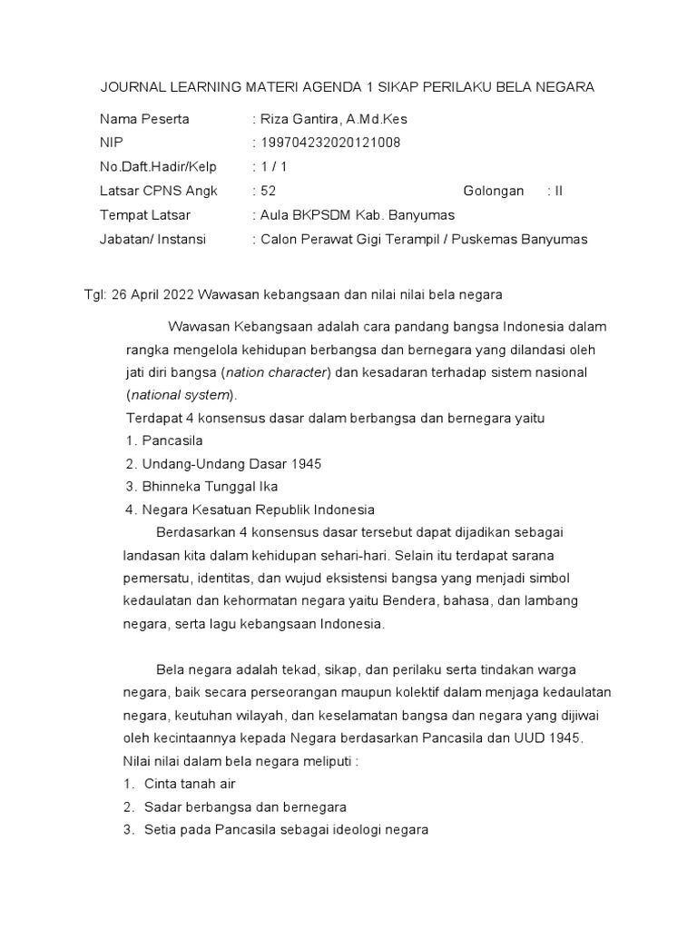 Tugas 1. Journal Learning Materi Agenda 1 Sikap Perilaku Bela Negara | PDF