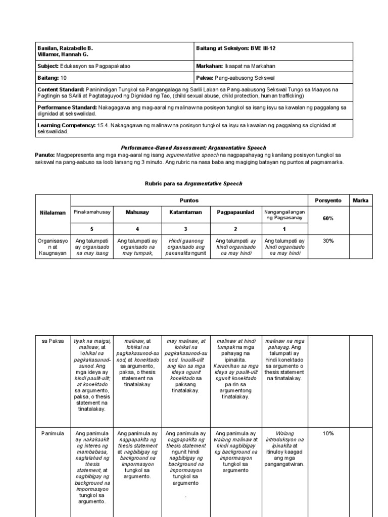 Basilan Villamor Performance-Based Assessment Rubric | PDF