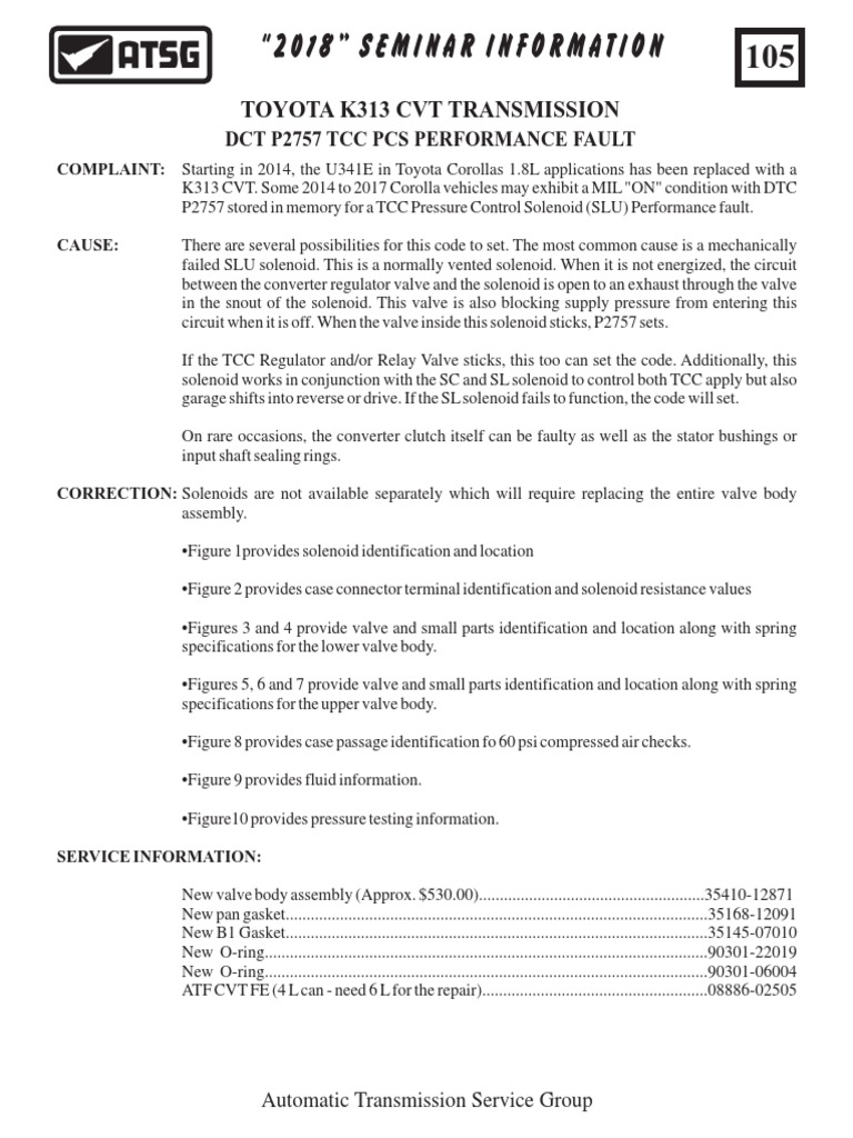 18b-105-115 Toyota k313 CVT Transmission DCT p2757 TCC Pcs Performance Fault | PDF | Automatic ...