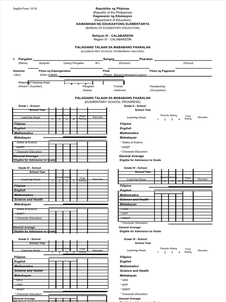 Elementary School Permanent Record and Progress Report for Student in ...