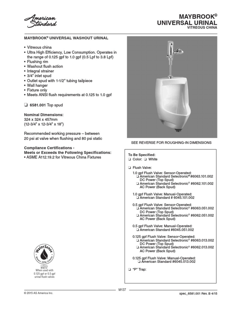 American Standard Maybrook Urinal TDS | PDF | Pipe (Fluid Conveyance ...