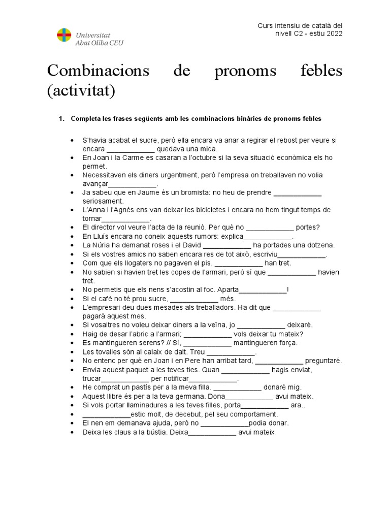 Combinacions de Pronoms Febles (Activitat) | PDF