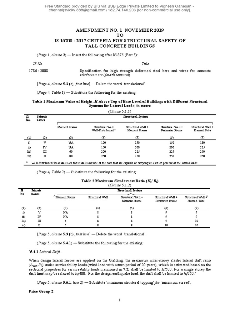Amendment No. 1 November 2019 TO Is 16700: 2017 Criteria For Structural ...