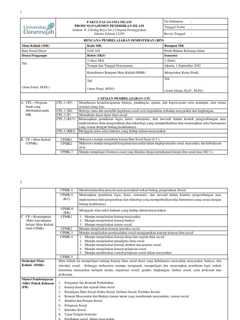 RPS HKI Ilmu Sosial Dasar 2022 | PDF