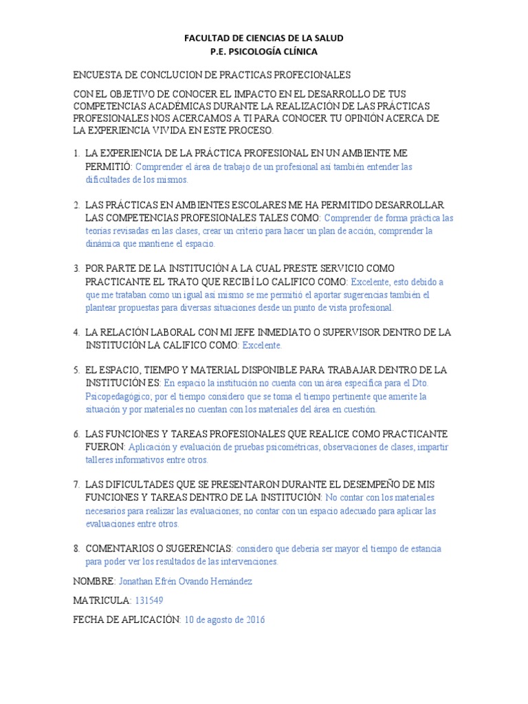 Encuesta de Conclucion de Practicas Profecionales | PDF
