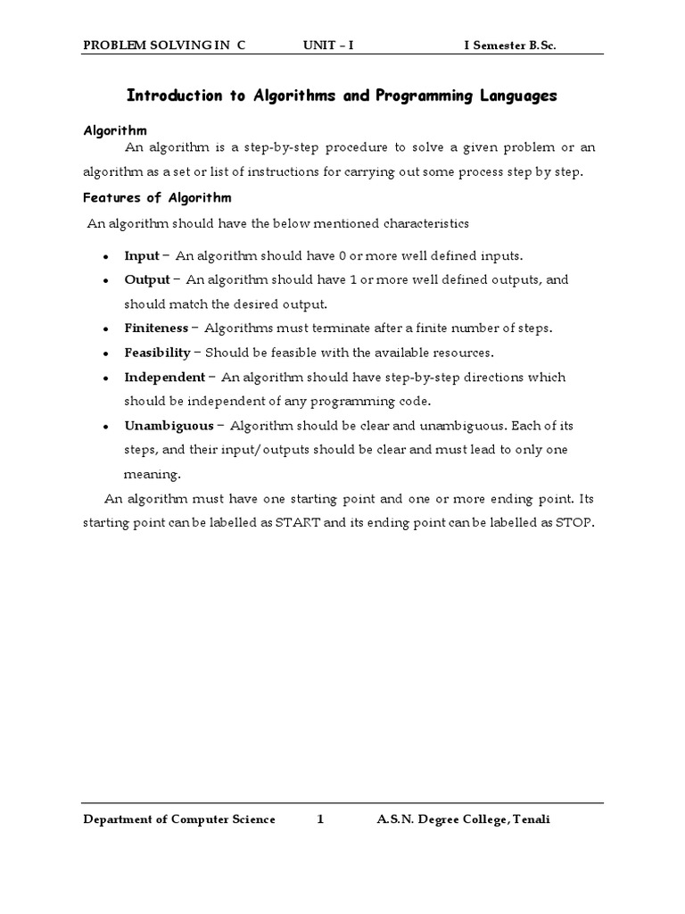 Introduction To Algorithms And Programming Languages Pdf Computer Program Programming