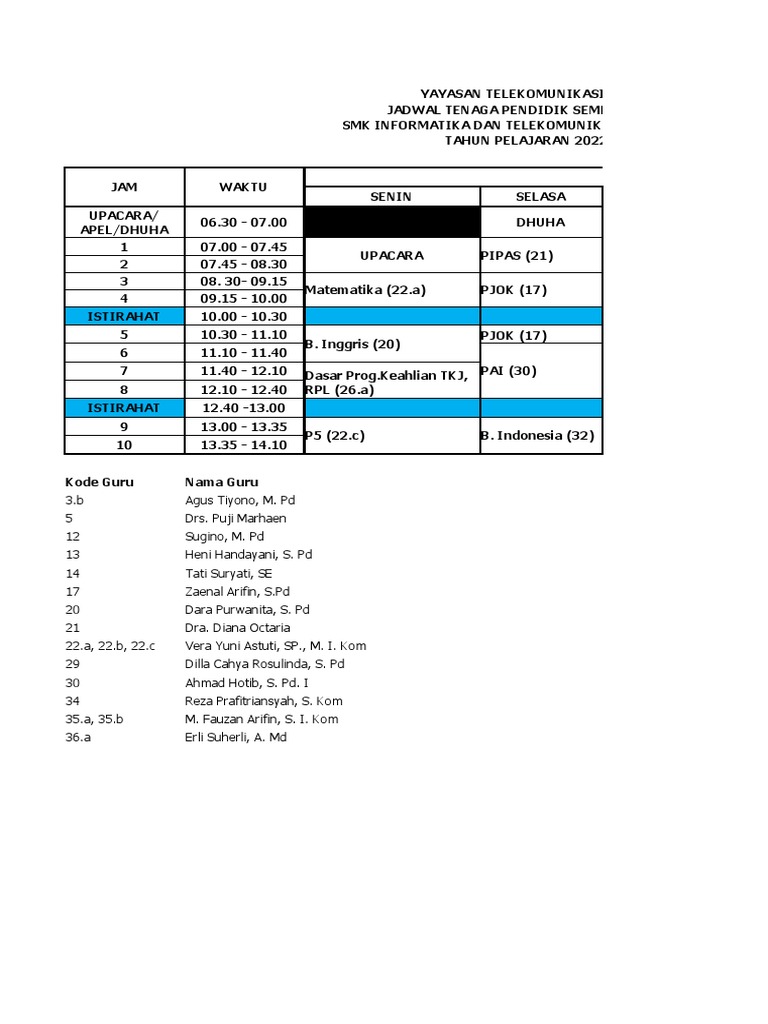 Jadwal Guru SMK INFOKOM Bogor 2022-2023 | PDF