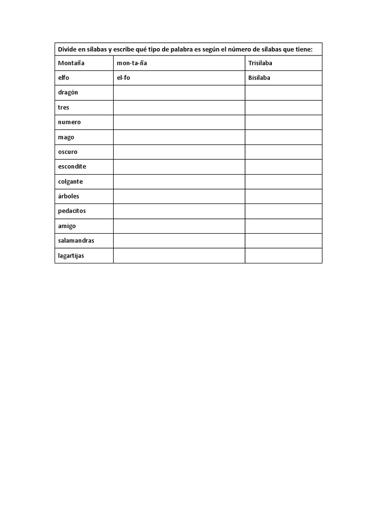 Divide en Sílabas y Escribe Qué Tipo de Palabra Es Según El Número de ...