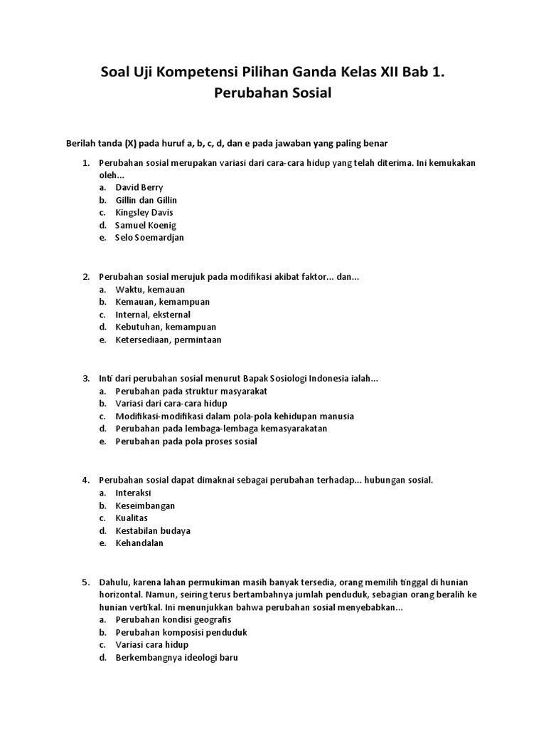 Soal Uji Kompetensi Pilihan Ganda Kelas XII Bab 1. Perubahan Sosial | PDF | Politik | Sejarah