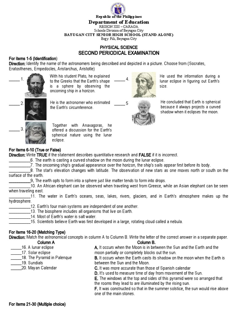 Physical Second Quarter Examination | PDF | Earth | Moon