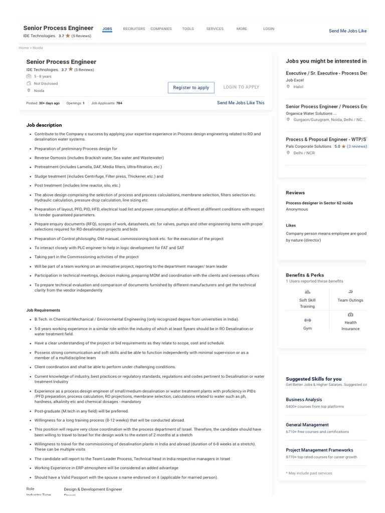 Senior Process Engineer - IDE Noida | PDF | Desalination | Oil Refinery