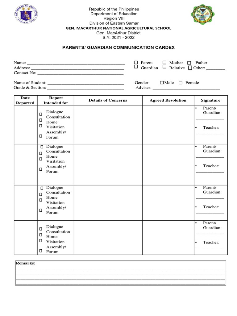 Parent-Guardian Communication Cardex | PDF | Self-Improvement | Wellness