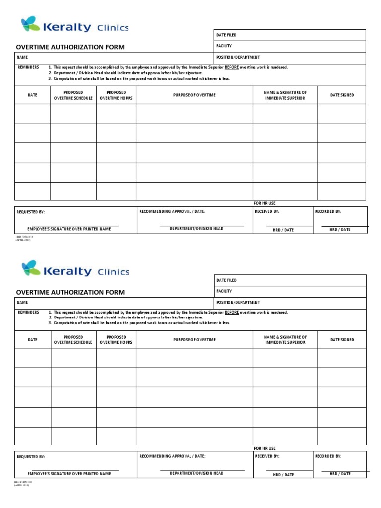 Overtime Authorization Form | PDF | Government | Labor