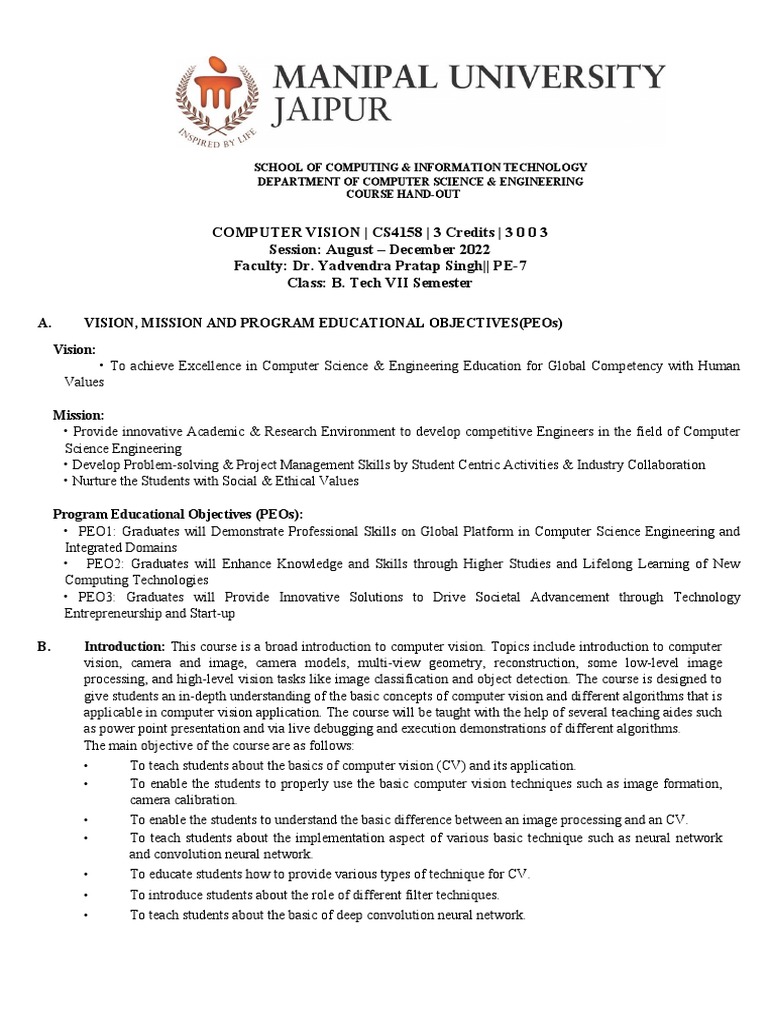 CourseHandout - Computer Vision CS4158 | PDF | Computer Vision ...