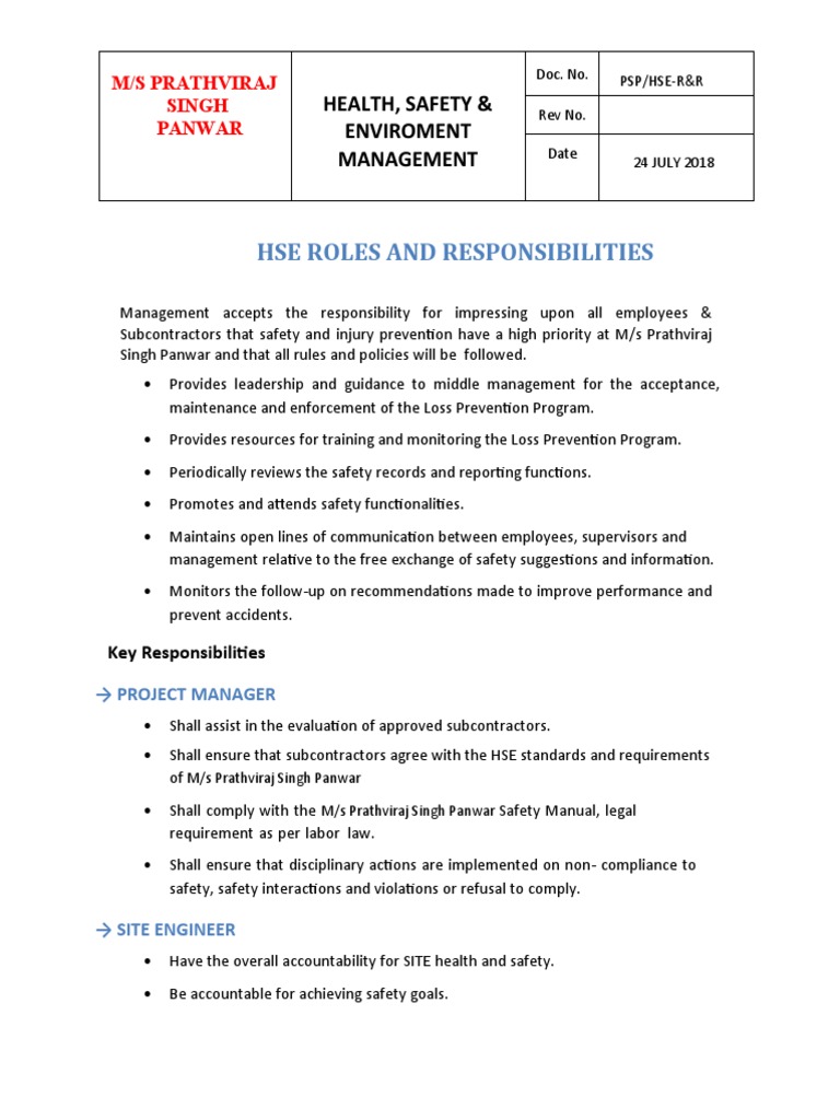 HSE Roles & Resposibilities | PDF | Occupational Safety And Health | Safety