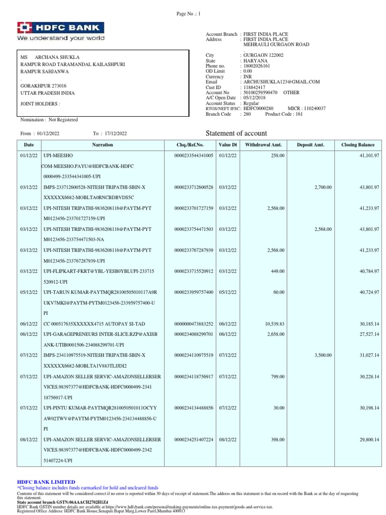 Statement of Account: Date Narration Chq./Ref - No. Value DT Withdrawal ...