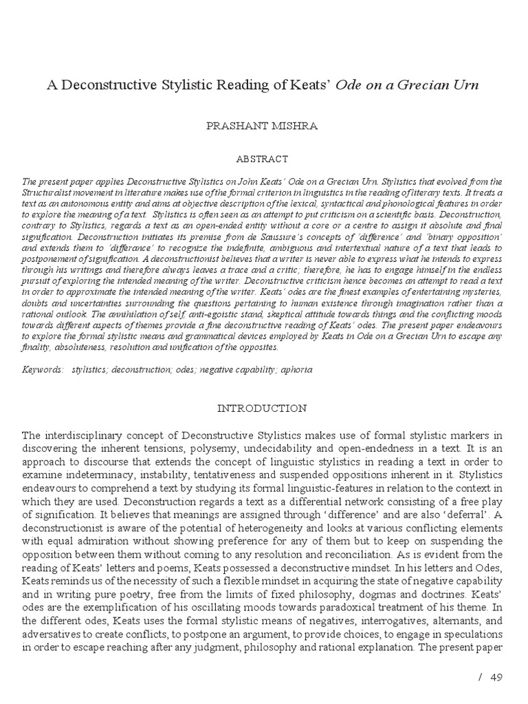 A Deconstructive Stylistic Reading of Keats Ode | PDF | Deconstruction | John Keats