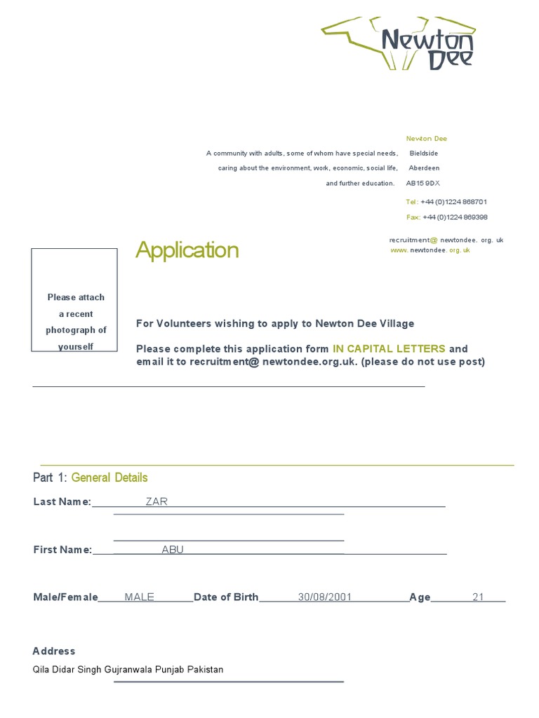 Application for a Volunteer Position at Newton Dee Village | PDF