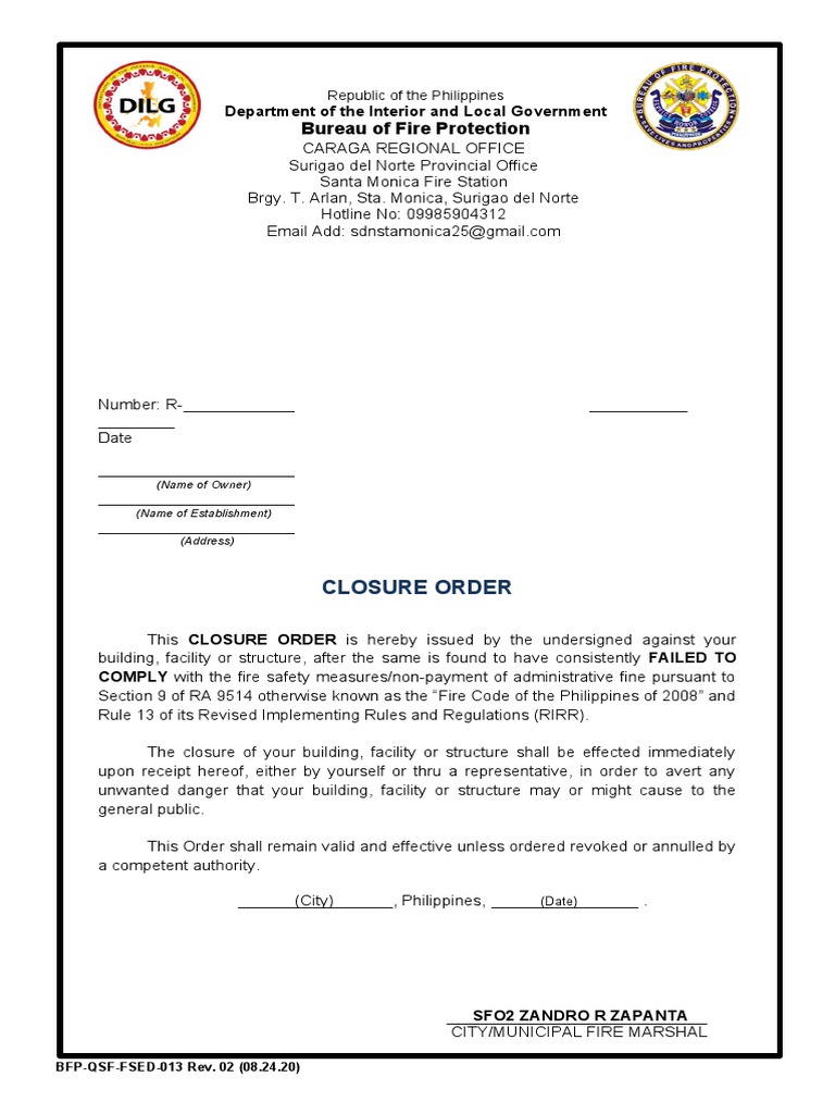 Fire Safety Closure Order Notice | PDF