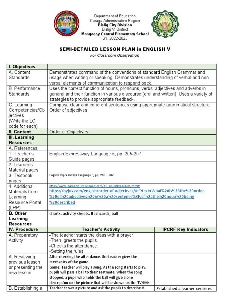 Lesson Plan in English 5 | PDF | English Language | Adjective