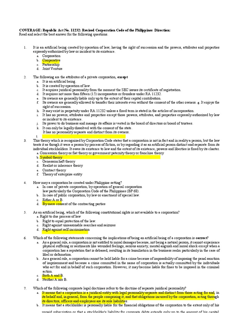 RFBT Republic Act No11232 Revised Corporation Code of The Philippines With Answers Compress ...