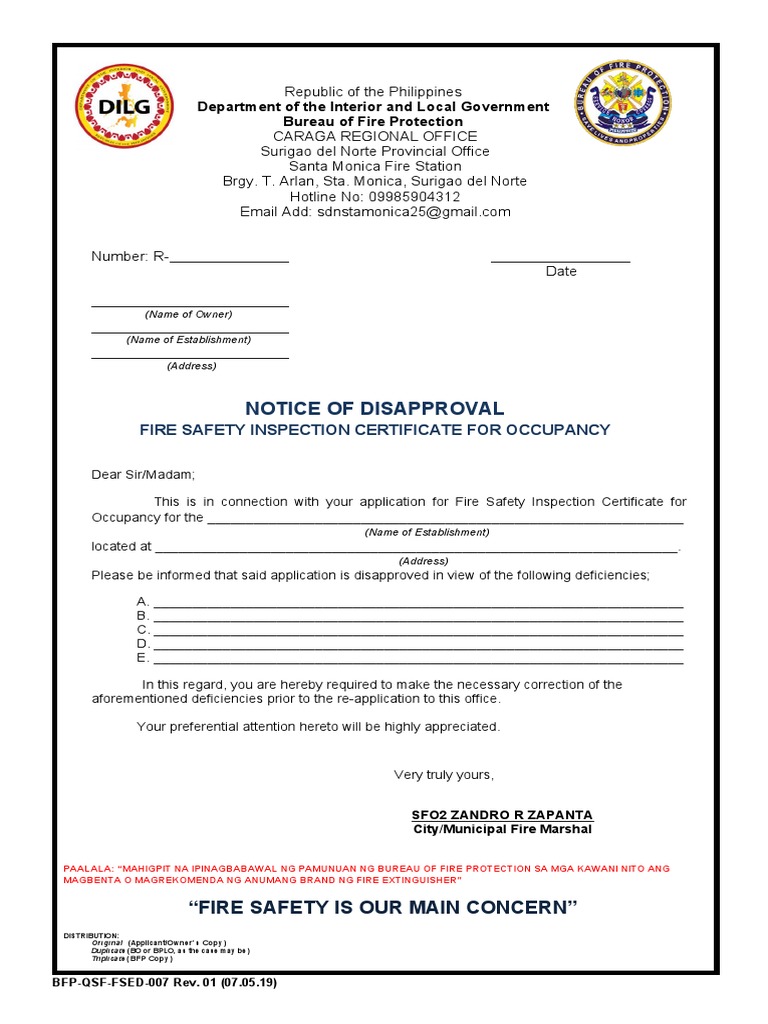 Notice - To - Disapproval FSIC | PDF | Firefighting | Disasters