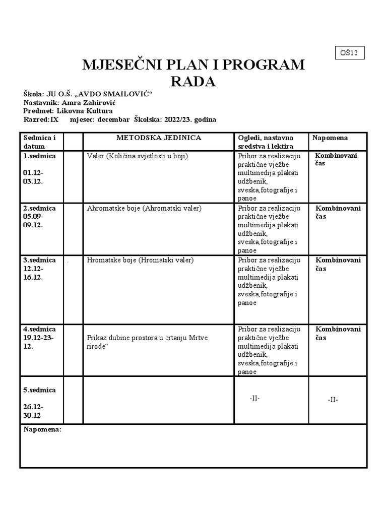 Mjesečni Plan Decembar 9 Raz | PDF