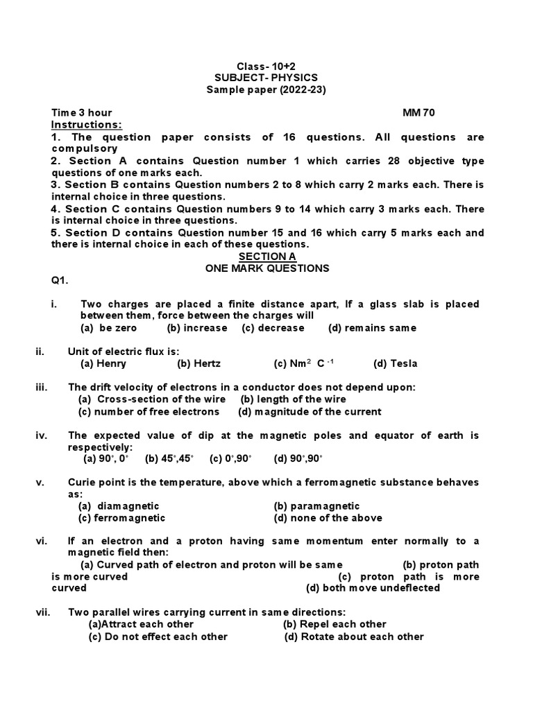 Sample Paper +2 Physics 1 (15.01.23) | PDF | Applied And ...