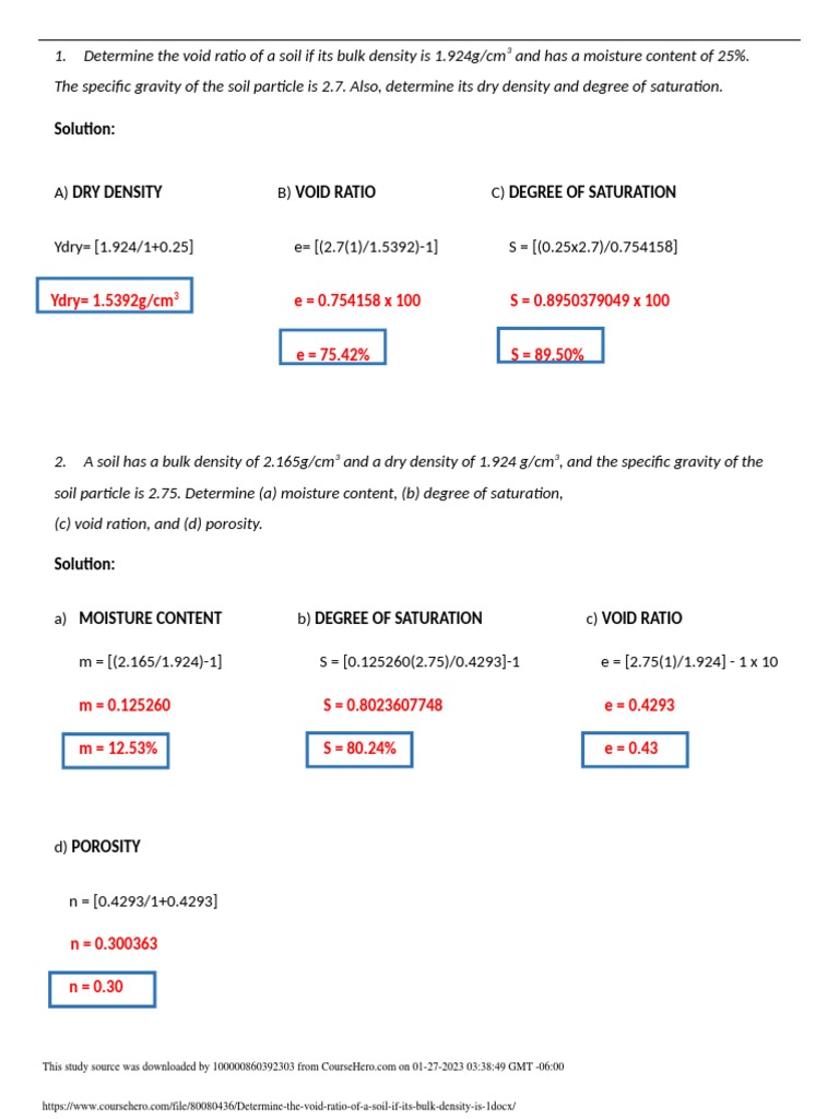 Soil Void Ratio and Density Calculations | PDF | Density | Porosity