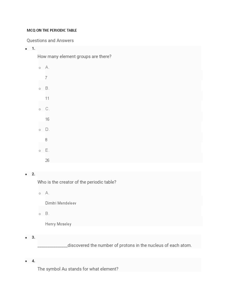 Periodic Table MCQs and Answers | PDF | Chlorine | Chemical Compounds