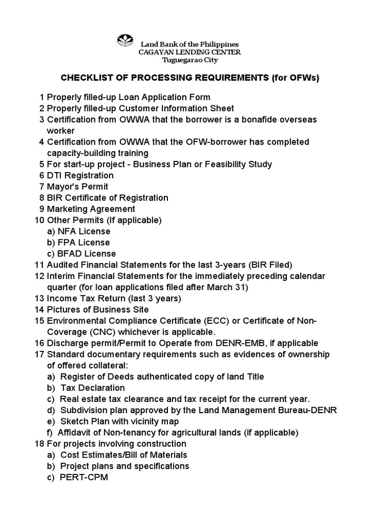 Loan Application Checklist Ofw | PDF