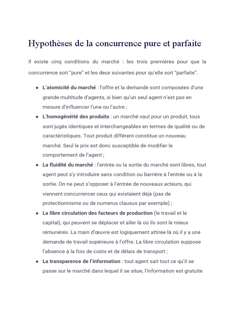 Hypothèses de la concurrence parfaite | PDF