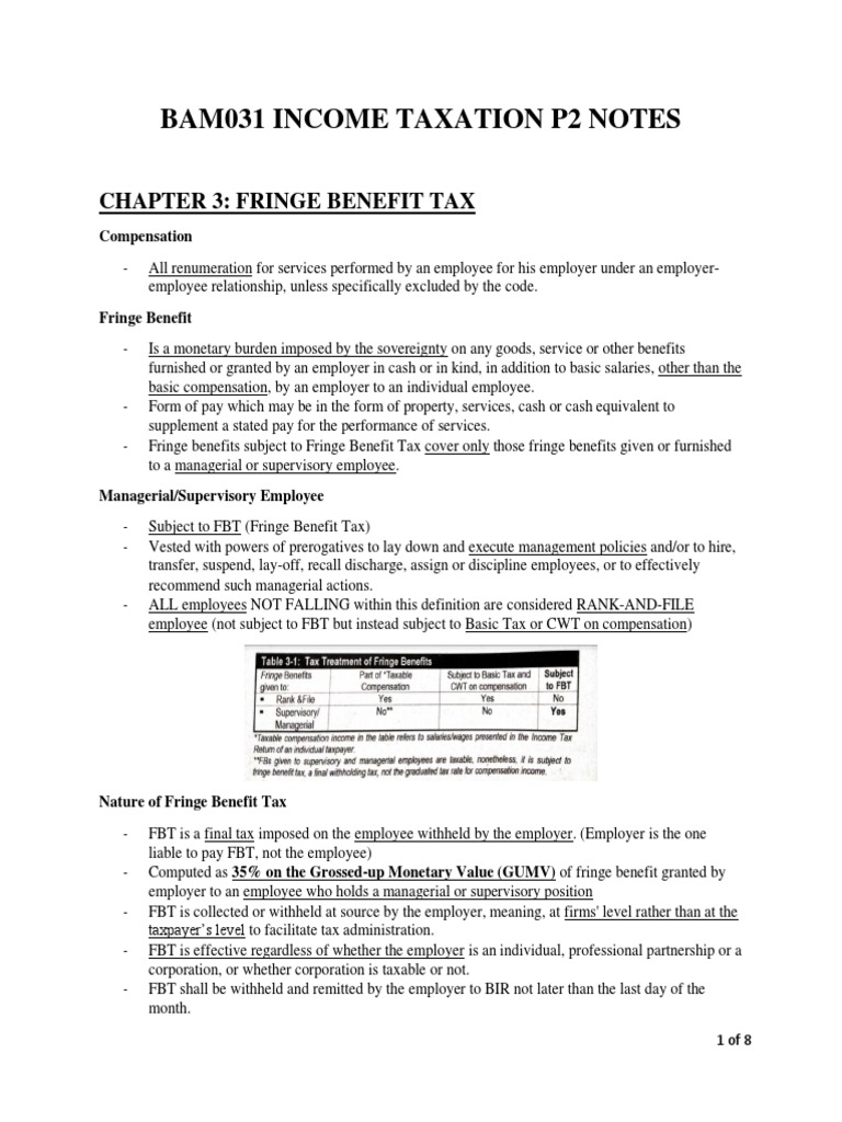 Bam031 Income Taxation P2 Notes | PDF | Employee Benefits | Employment
